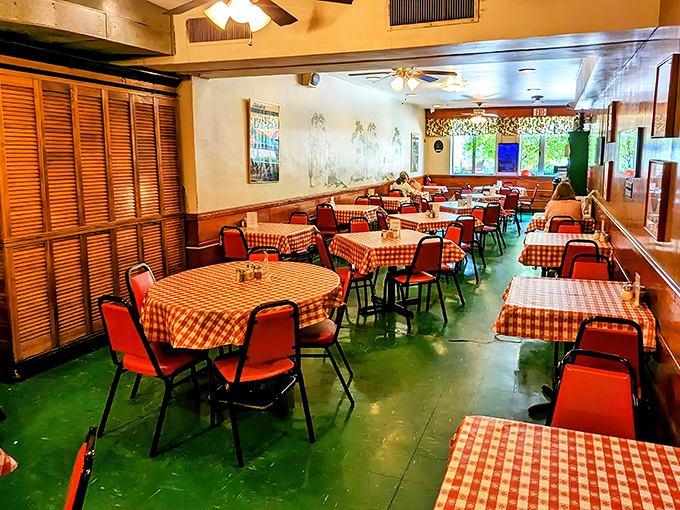 The dining room speaks volumes with its unpretentious charm &ndash; red-checkered tablecloths and straightforward seating say, "We're here for the food, not the fuss."