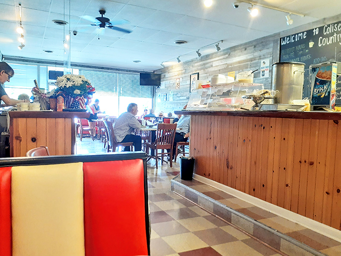 The pine paneling and welcome sign say it all: you're not just a customer here, you're practically family. Just wipe your feet first.