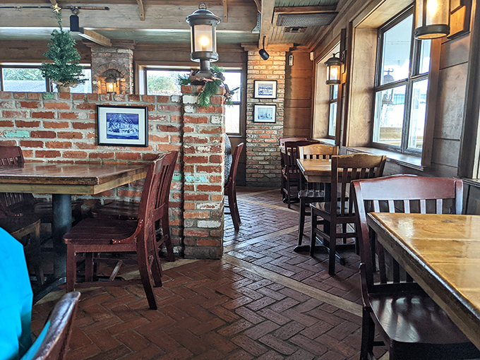 Brick pillars and herringbone floors create the perfect stage for seafood stardom. This isn't decoration&mdash;it's maritime method acting.