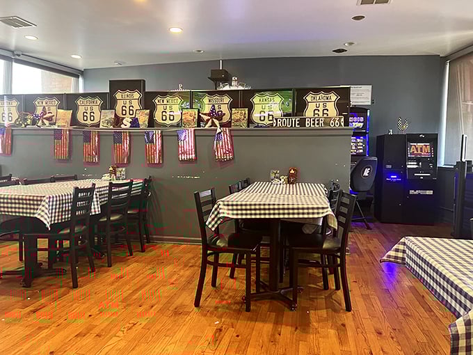 Route 66 memorabilia lines the walls, telling stories of road trips past while you create new memories over comfort food.