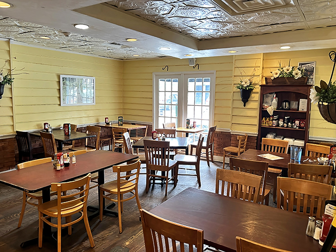 Every table tells a breakfast story, tin ceiling tiles keeping all the best secrets.