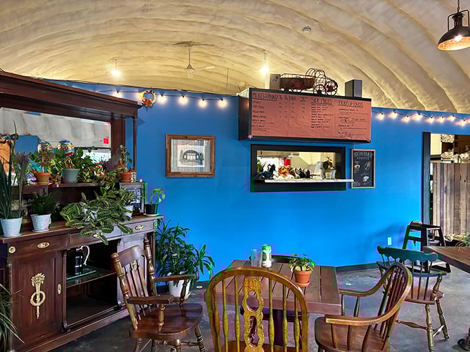 Plants thrive in the dining room—a good sign the oxygen is plentiful enough to support both photosynthesis and your post-barbecue food coma.