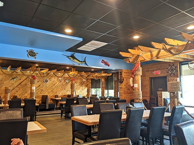 Wooden accents and maritime touches create a dining room that feels like the captain's quarters of a particularly delicious pirate ship.