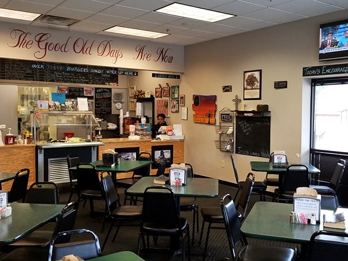 The Good Old Days Are Now proclaims the wall, and judging by those tables of happy diners, truer words were never painted.