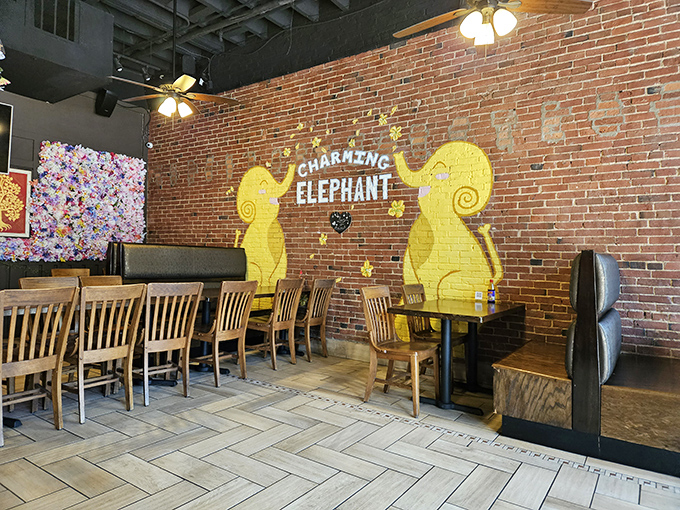 "Charming Elephant" reads the wall art &ndash; an unexpected whimsical touch in this temple of maritime delights.