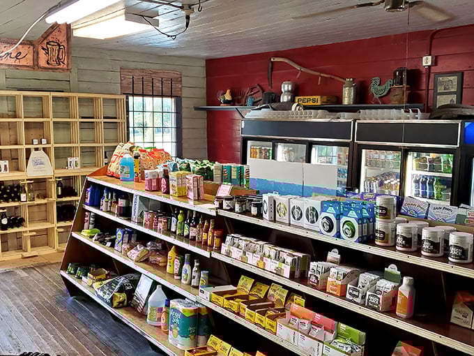 The general store part of this equation isn't just for show&mdash;real shelves with real supplies for real folks who might need more than just lunch.