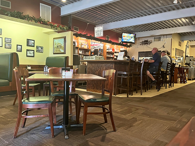 The dining room's warm wood tones and comfortable seating create that rare atmosphere where both first dates and family reunions feel equally at home.