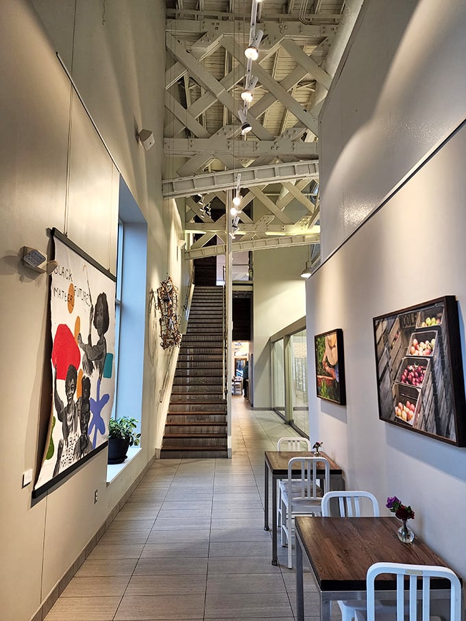 High ceilings, exposed beams, and gallery-white walls—if art museums served ice cream, they'd look exactly like this hallway to heaven.