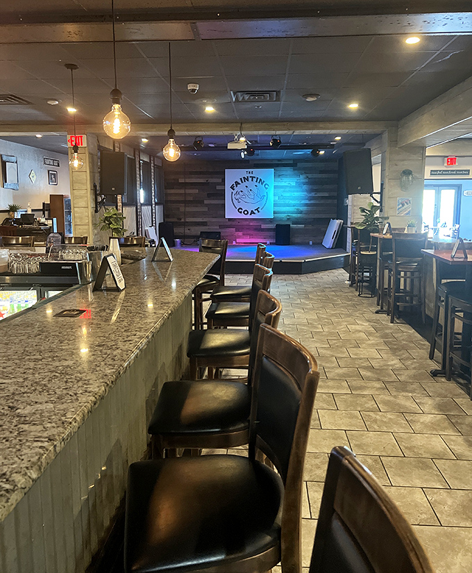 The bar area features pendant lighting and that perfect "come as you are" atmosphere where both celebrations and Tuesday nights feel equally at home.