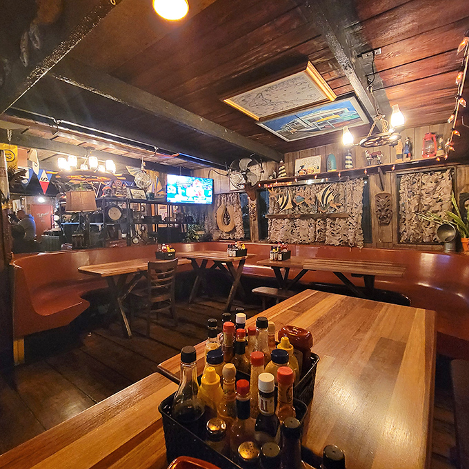 Wooden beams, nautical treasures, and cozy booths create the perfect maritime hideaway. No designer needed&mdash;just decades of authentic harbor life.