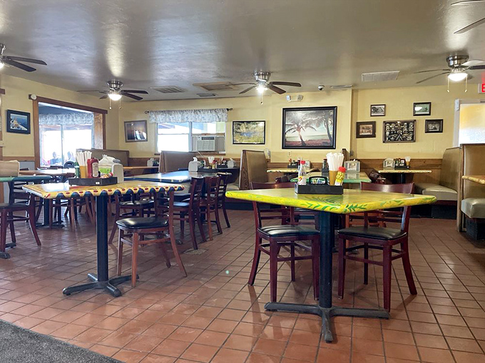 Colorful surfboard tables add whimsy to this no-nonsense dining room where the focus is squarely on what matters: seriously good seafood.