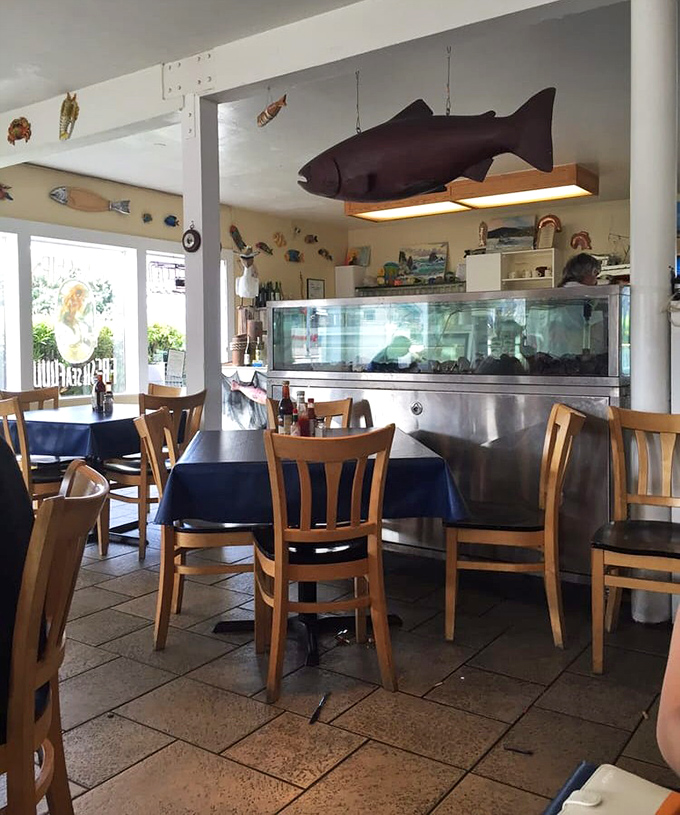 That giant fish hanging from the ceiling isn't just decoration&mdash;it's a promise of what awaits. The display case gleams like an aquatic jewelry store.