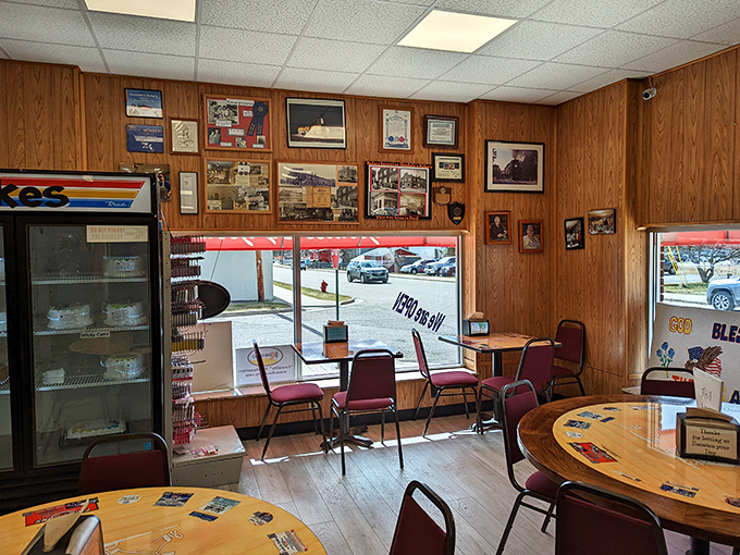 Wood-paneled walls and round tables create the perfect backdrop for serious carbohydrate contemplation sessions.