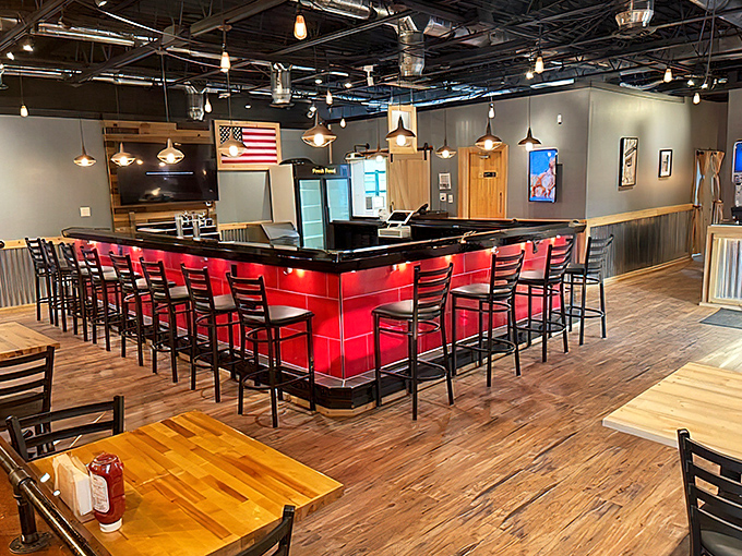 The vibrant bar area buzzes with the energy of satisfied diners sharing stories.