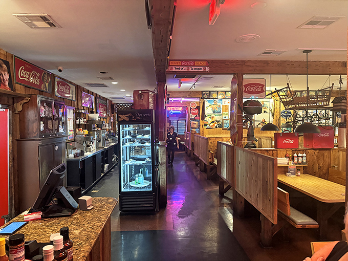 Coca-Cola memorabilia and cozy booths create an atmosphere where time slows down and appetites speed up considerably.