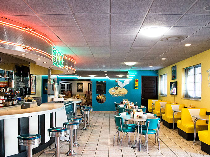 The neon palm tree and classic car imagery aren't just decoration&mdash;they're time-travel devices taking you back to when diners were America's living rooms.