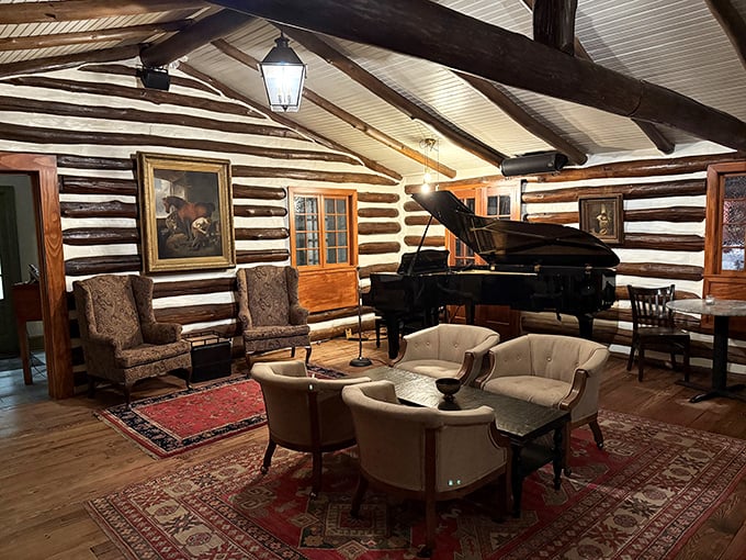 The grand piano adds musical soul to an already enchanting atmosphere of refined rustic dining elegance.