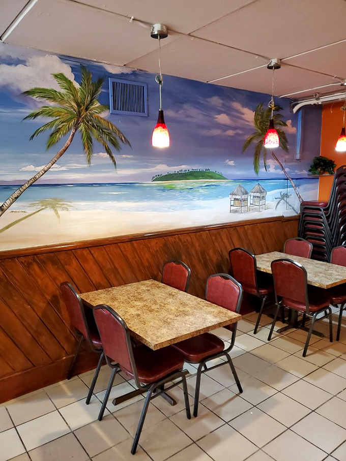 Those beach murals and red pendant lights create a vacation vibe, as if the Florida coast and Mexican seaside decided to collaborate.