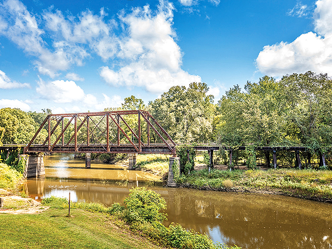 This old railway bridge now carries memories instead of freight, spanning the bayou like a rusty time machine.