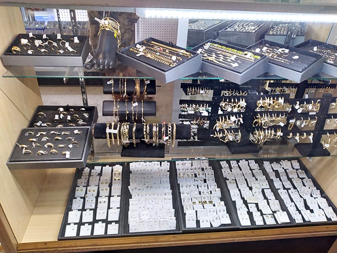Jewelry displays sparkling like a pirate's treasure chest exploded - bling for every budget and taste level.