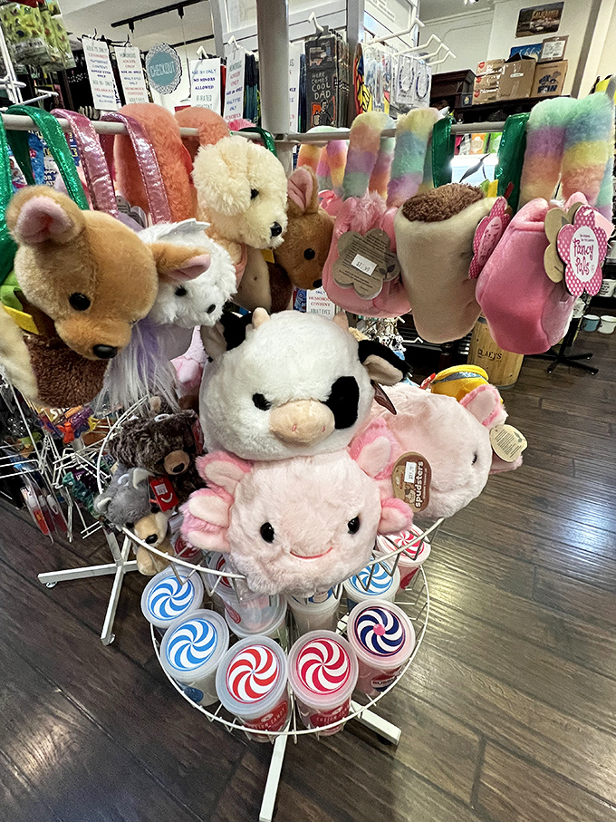 A menagerie of plush friends surrounded by swirly lollipops—because sometimes you need something cuddly to hug after your sugar high.