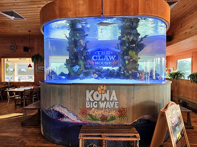 The centerpiece aquarium brings the ocean indoors, letting you admire fish swimming peacefully, blissfully unaware of their relatives on the menu.
