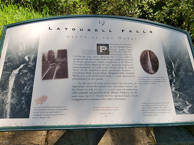 History carved in stone: The interpretive sign reveals the falls' backstory, like reading the liner notes to nature's greatest hits album.
