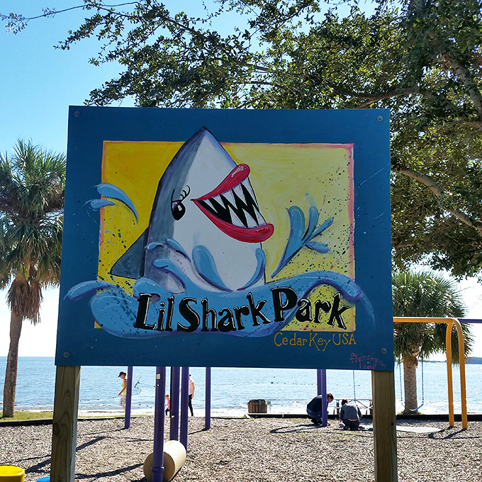 Lil Shark Park's whimsical sign proves Cedar Key doesn't take itself too seriously&mdash;even their playground mascots have personality.