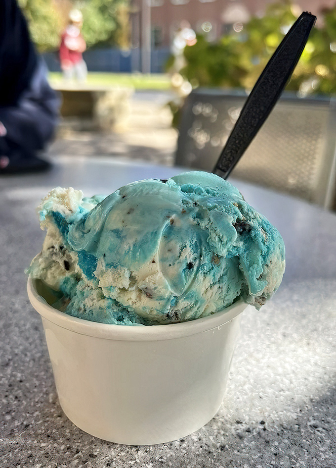 Blue ice cream that would make Cookie Monster weep with joy. Some flavors are worth the temporary tongue discoloration.