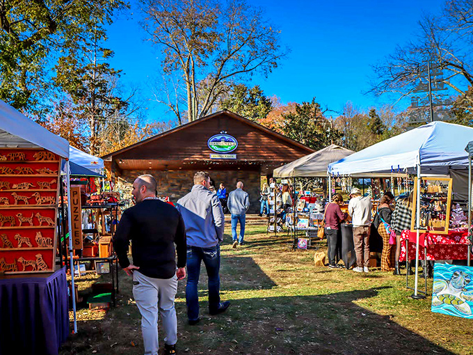 Local artisans display their wares at outdoor markets, where handcrafted treasures await discovery under rustic wooden pavilions.
