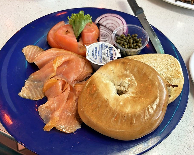 Lox and bagel perfection that would make any New York deli give a respectful nod of approval.