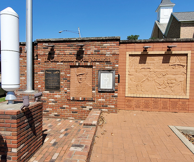 A thoughtful memorial that reminds us to pause our busy lives and remember those who served. History etched in brick and memory.
