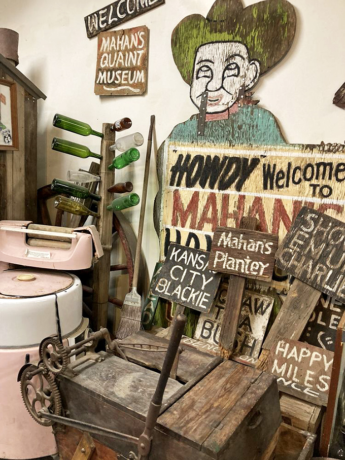 Mahan's exhibit captures the quirky roadside attractions that once dotted Route 66&mdash;where else could you find a cowboy cutout next to vintage washing machine parts?