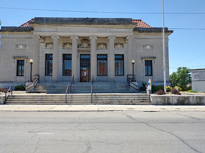 The Marion Post Office's classical columns give your bill payments a sense of grandeur. Even junk mail looks important arriving through these doors.
