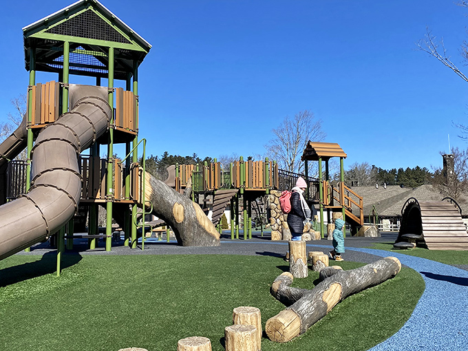 Childhood joy engineered with natural materials. This playground blends seamlessly into the mountain aesthetic while promising adventures for the little ones.