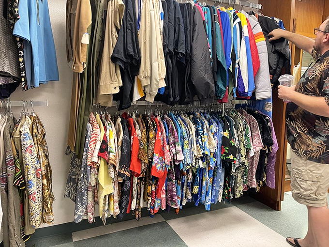 The Hawaiian shirt section alone could outfit an entire Jimmy Buffett concert—paradise found on a clothing rack.