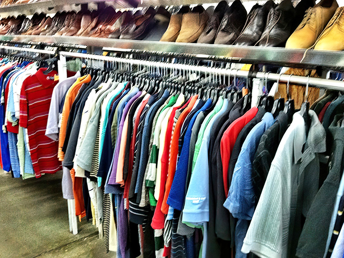 The menswear department: where yesterday's boardroom attire awaits tomorrow's job interview. Those shoes have stories to tell&mdash;and miles left to walk.