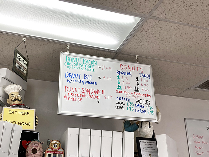 The whiteboard of possibilities&mdash;where donut sandwiches and bacon cheeseburgers coexist in perfect harmony. Choose your adventure wisely.