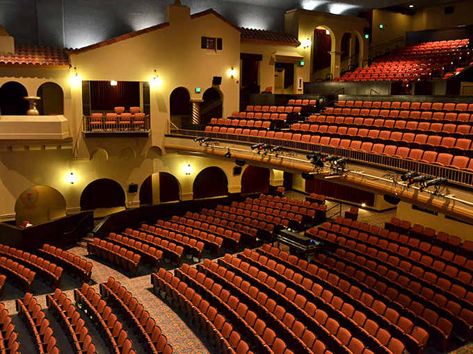 The historic Merced Theatre's interior feels like stepping into a Spanish courtyard, minus the international airfare and jet lag.