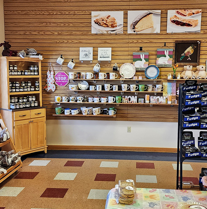 The wall of mugs and merchandise proves that pie devotion extends beyond eating&mdash;true fans want reminders of Mama Jo's even at breakfast.