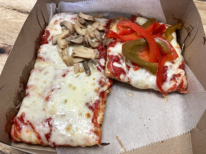 Half plain, half adventurous &ndash; this split personality pizza lets you play it safe while still exploring the mushroom and pepper frontier.