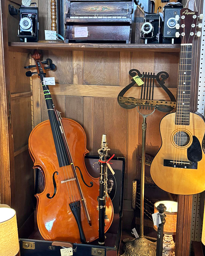 Silent instruments waiting for their next serenade. This violin, guitar, and music stand trio promises melodies from another era.