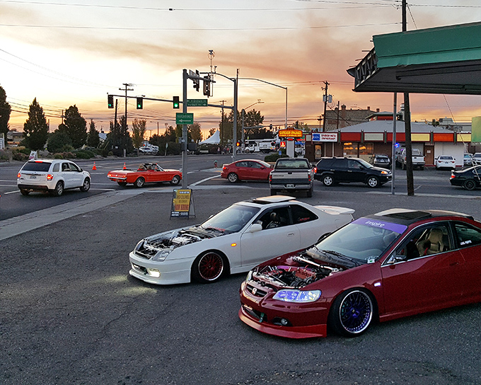 Car enthusiasts gather at sunset, proving Hermiston has room for every generation's idea of fun. Retirement doesn't mean the end of horsepower.