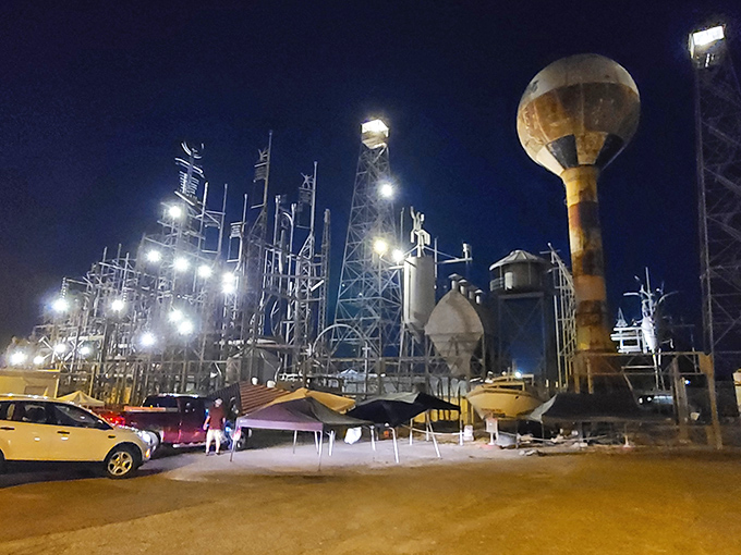 By night, The Mindfield glows like an industrial constellation, turning Brownsville into an unexpected galaxy of artistic expression.