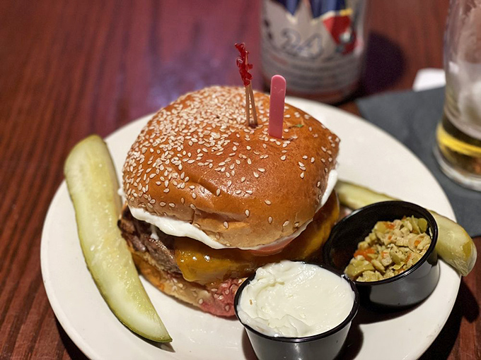This burger comes with a pickle the size of a canoe paddle. Balance in all things&mdash;especially when it comes to condiments. 
