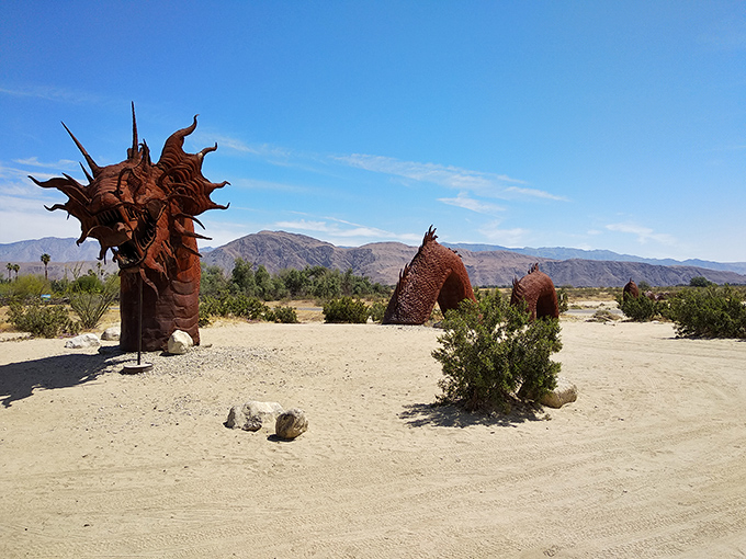 Metal dragons emerging from desert sands &ndash; Borrego's outdoor sculptures turn an ordinary drive into an unexpected safari through imagination.