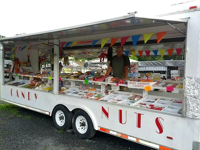 Sweet tooth sanctuary on wheels. This candy and nut trailer is childhood nostalgia parked on gravel, complete with colorful pennants fluttering above.