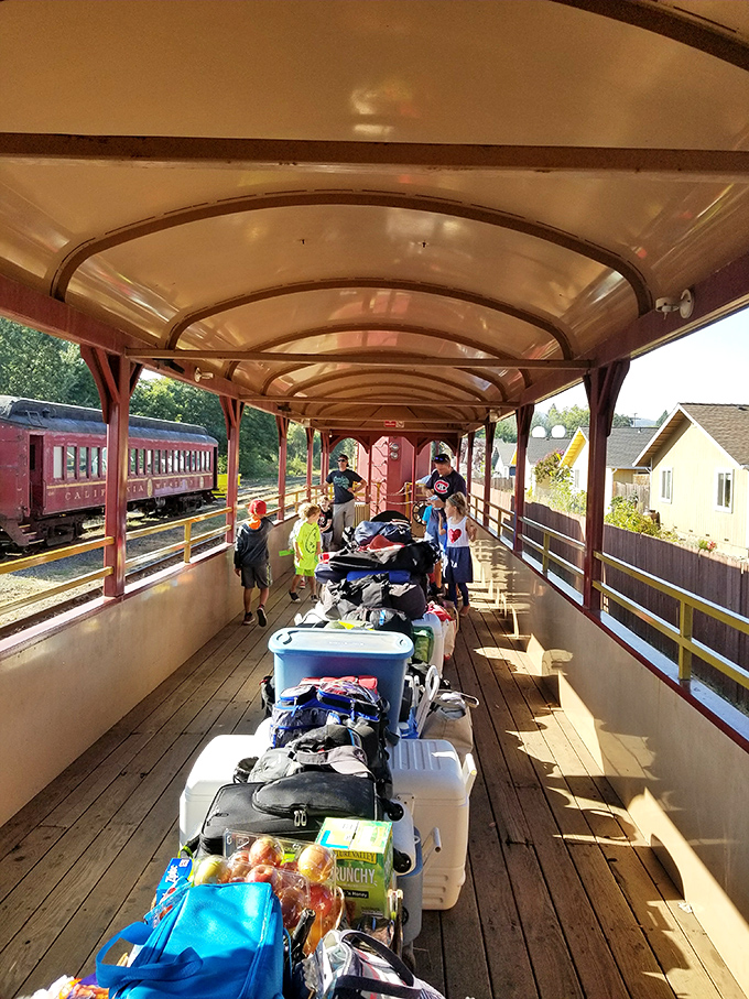 Family vacation headquarters! This platform transforms into an organized chaos of coolers, backpacks, and excited children ready for their woodland railway adventure.