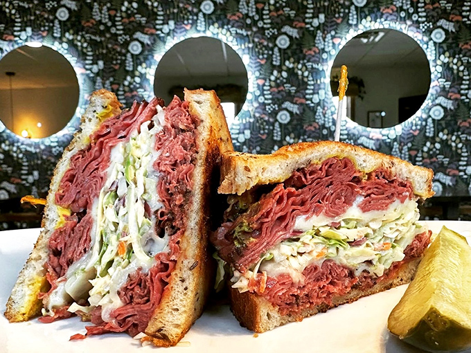 This pastrami sandwich isn't messing around. It's the skyscraper of sandwiches&mdash;towering, impressive, and worth every bite.