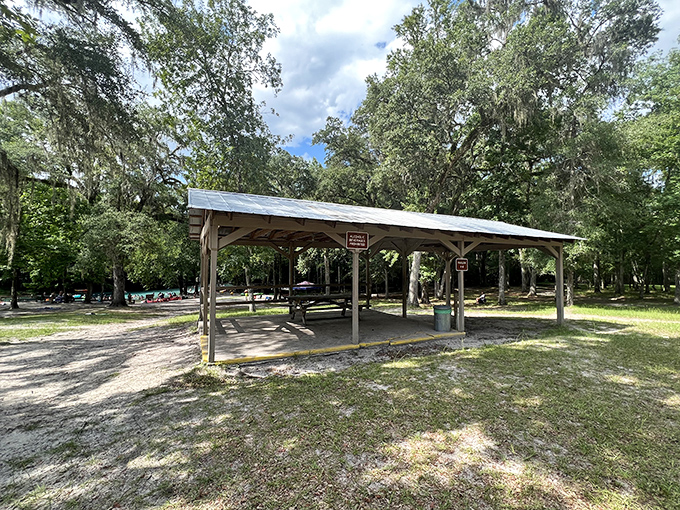 Simple pleasures in dappled shade. This rustic pavilion offers respite from the Florida sun and the perfect spot for post-swim sandwiches.